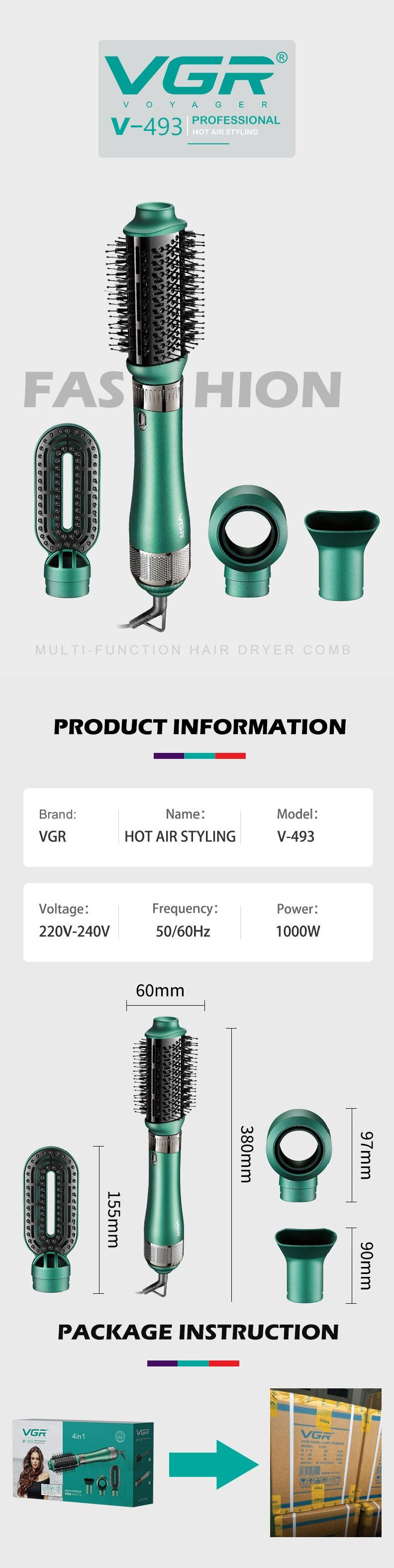 Buy Vgr V-493 4 In1 Hair Dryer Styler Power Cord Hot Air Brush Comb Professional Electric Hair ...