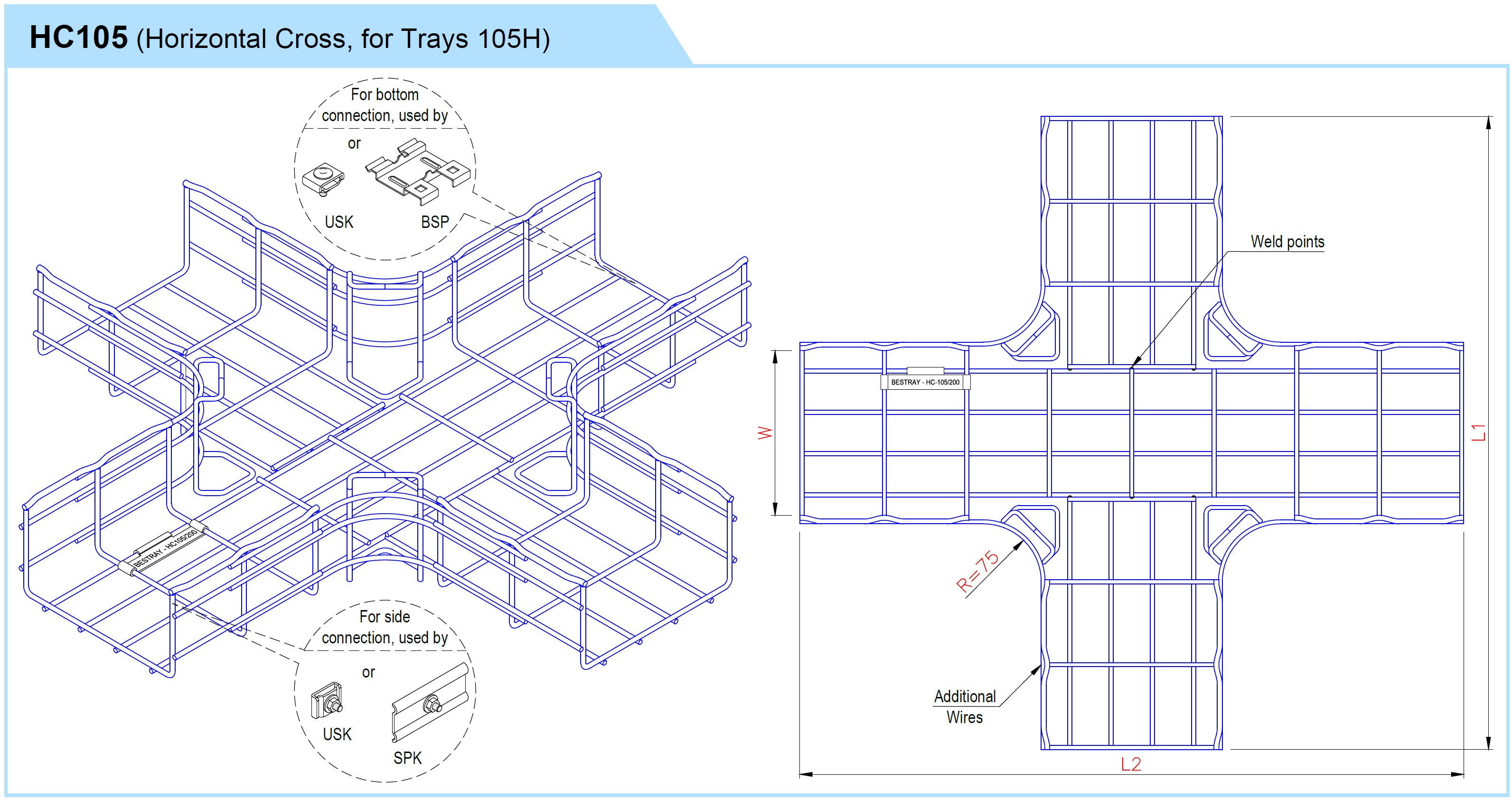 Buy Cable Tray Horizontal Cross Inox 304, Wire Mesh Cable Tray 54mm ...