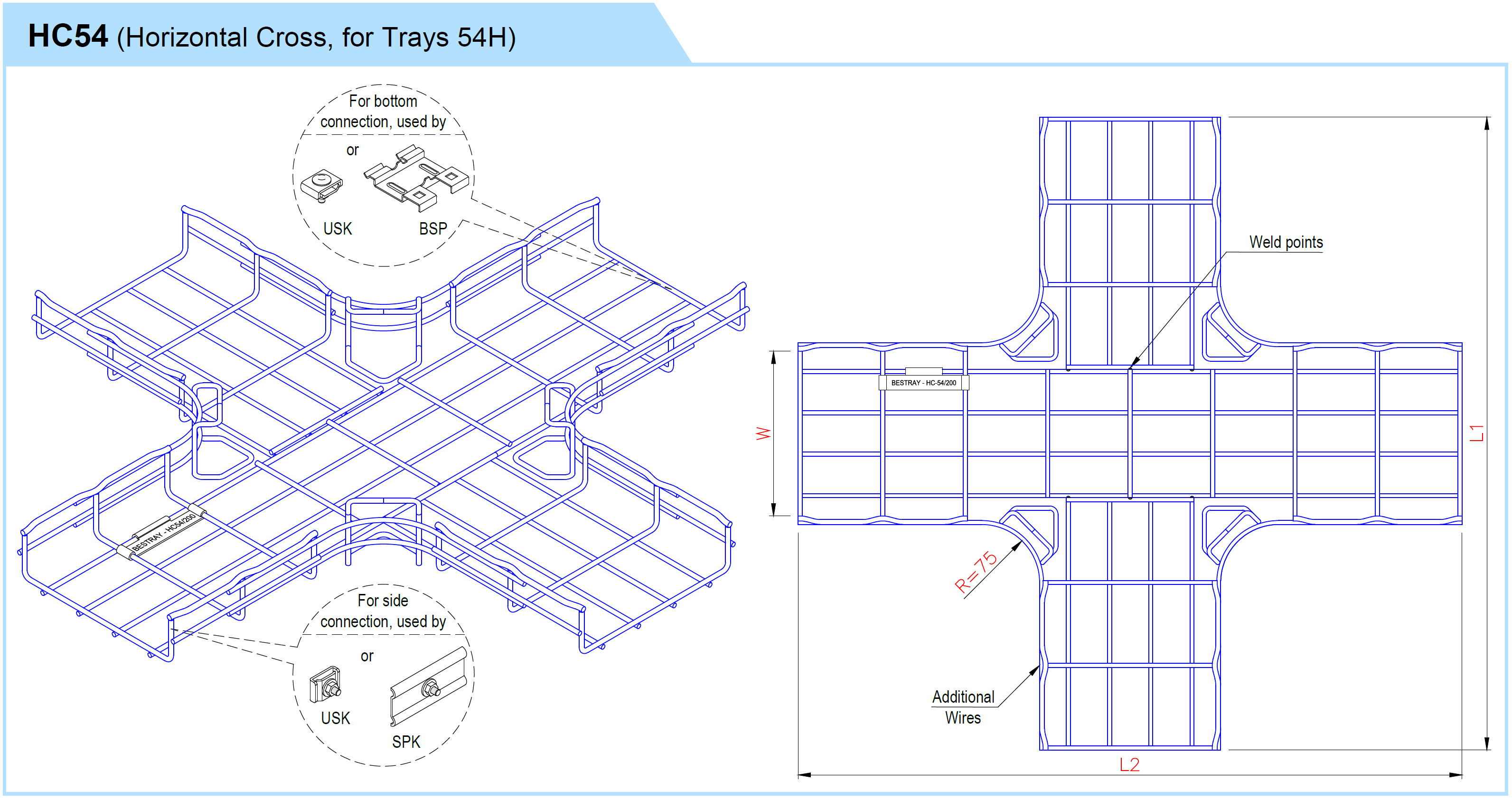Buy Cable Tray Horizontal Cross Inox 304, Wire Mesh Cable Tray 54mm ...
