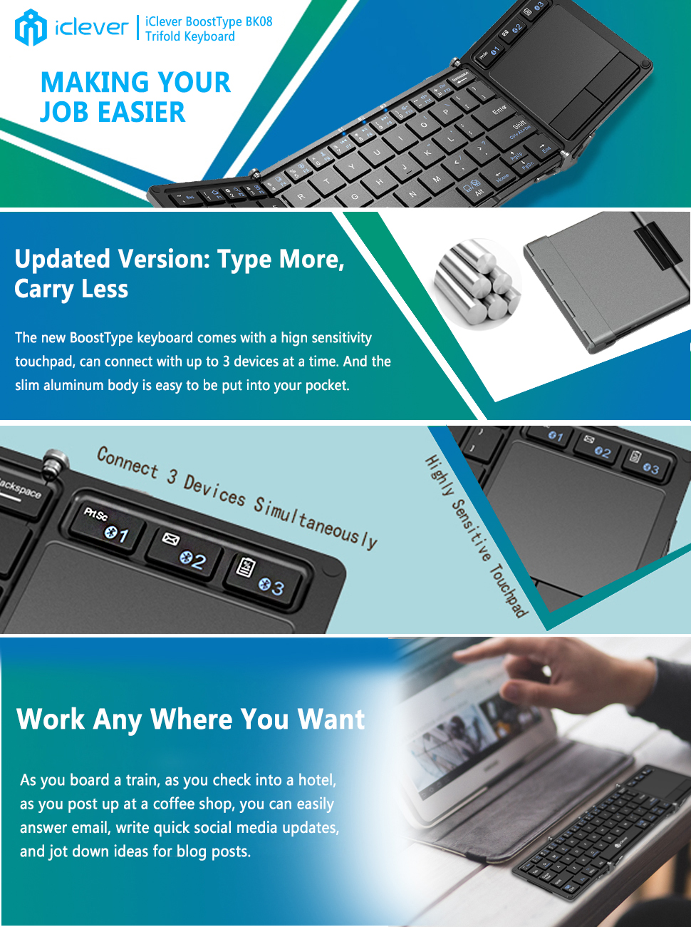 Buy Iclever Bluetooth Keyboard Bk08 Folding Keyboard With Sensitive ...