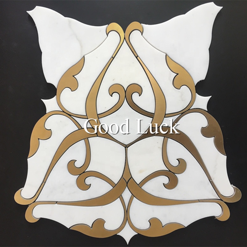 Buy Polished White Marble And Brass Inlay Flower Pattern Waterjet Mosaic Tile From Xiamen Good