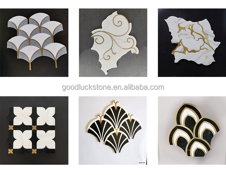 Buy Thassos White Marble And Brass Inlay Waterjet Mosaic Backsplash Tile From Xiamen Good Luck