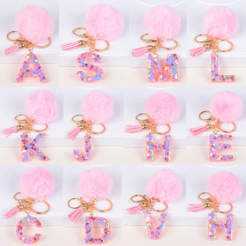 Buy Factory Wholesale Pink Hairball Initial Key Chain Drop Glue Love ...