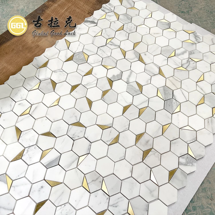 Buy White Hexagon Marble Inlay Brass Mosaic Tile from Xiamen Good Luck ...