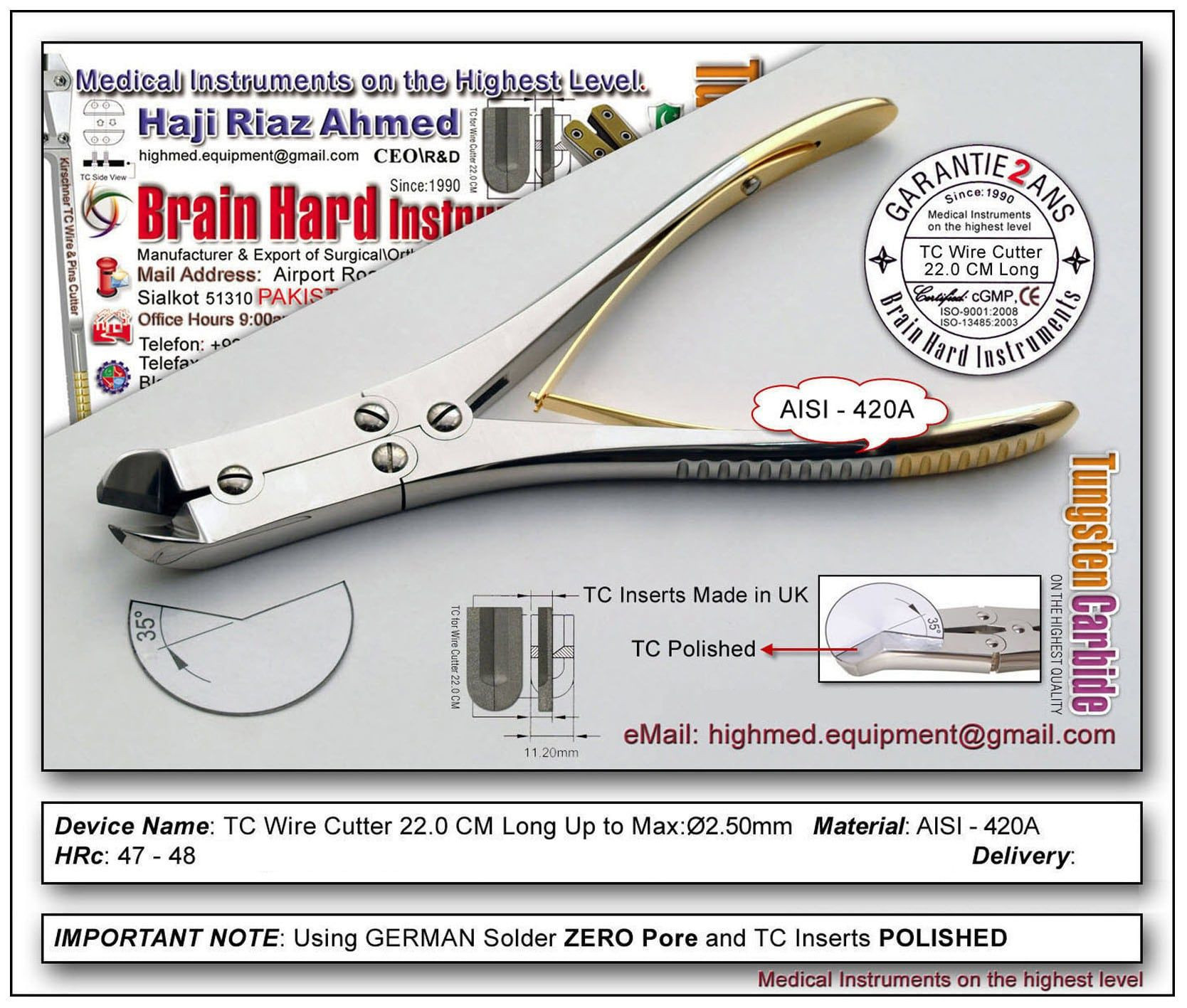Buy Tc Wire Cutter 22cm from Brain Hard Instruments, Pakistan ...