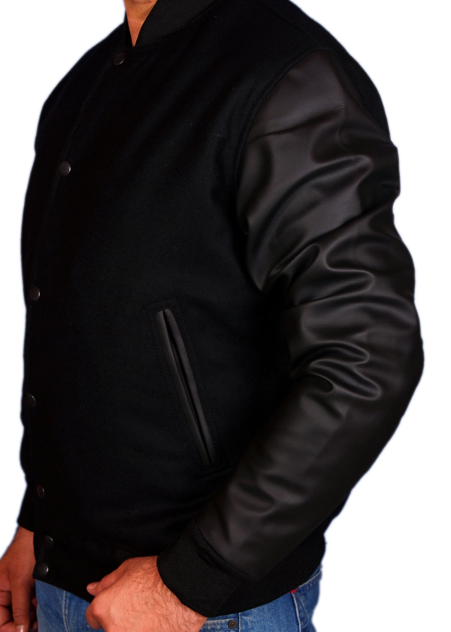 Buy Baseball Varsity Bomber Full Black Wool Faux Leather Jacket from ...