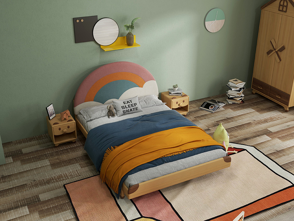 Buy Children Upholstered Wooden Bed Kids Rainbow Neon Cartoon Bed Frame ...