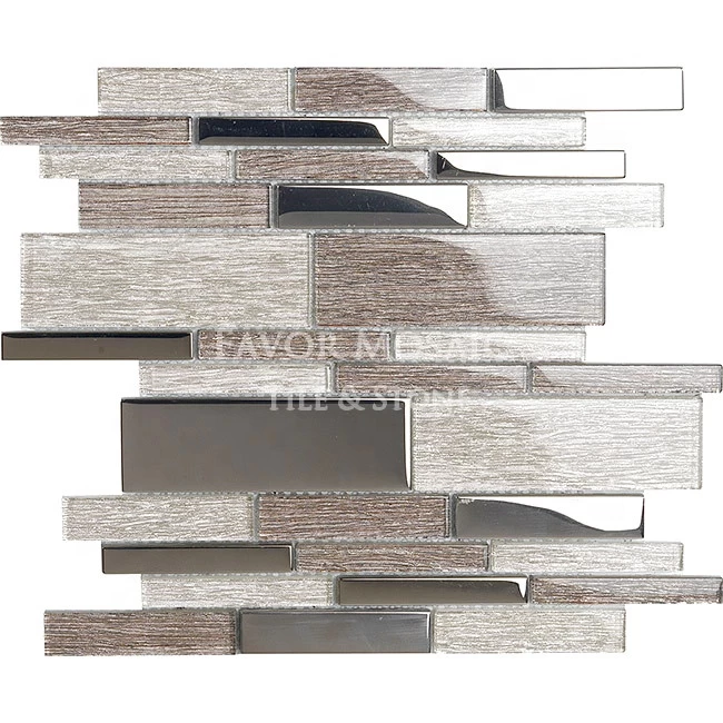 Buy 8mm Gray Random Linear Glossy Laminated Crystal Glass Mosaic Tile ...