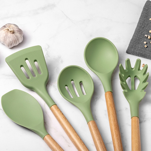 Buy Wooden Handle Silicone Kitchen Utensils Food Grade Nonstick ...