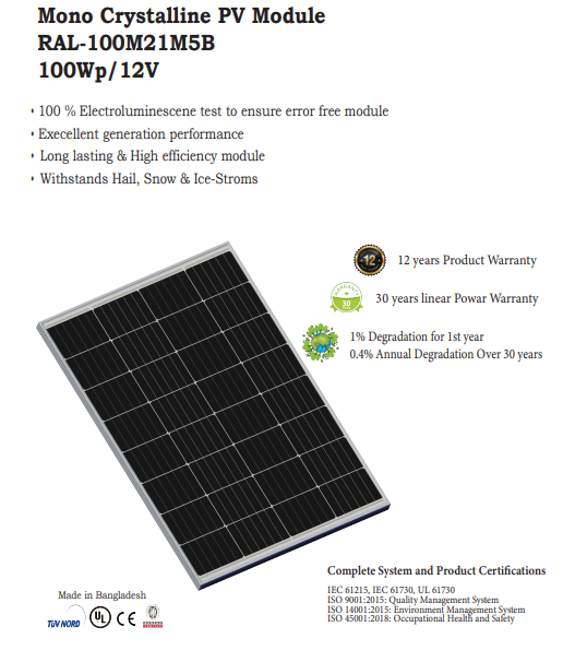 Buy Mono Crystalline Pv Module Ral-100m21m5b 100wp/12v from RADIANT ...