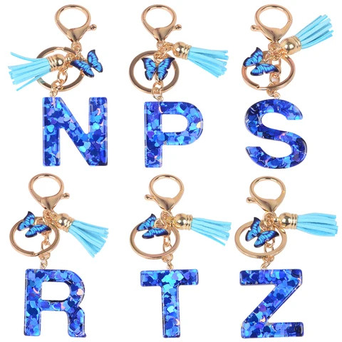 Buy New Blue Butterfly Fringe Heart Letter Key Chain 26 Sequin Letter ...