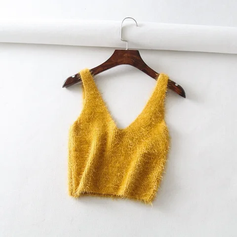 Buy Womens Solid Color Yarn Ladies V-neck Sling Feather Sling Vest Top ...