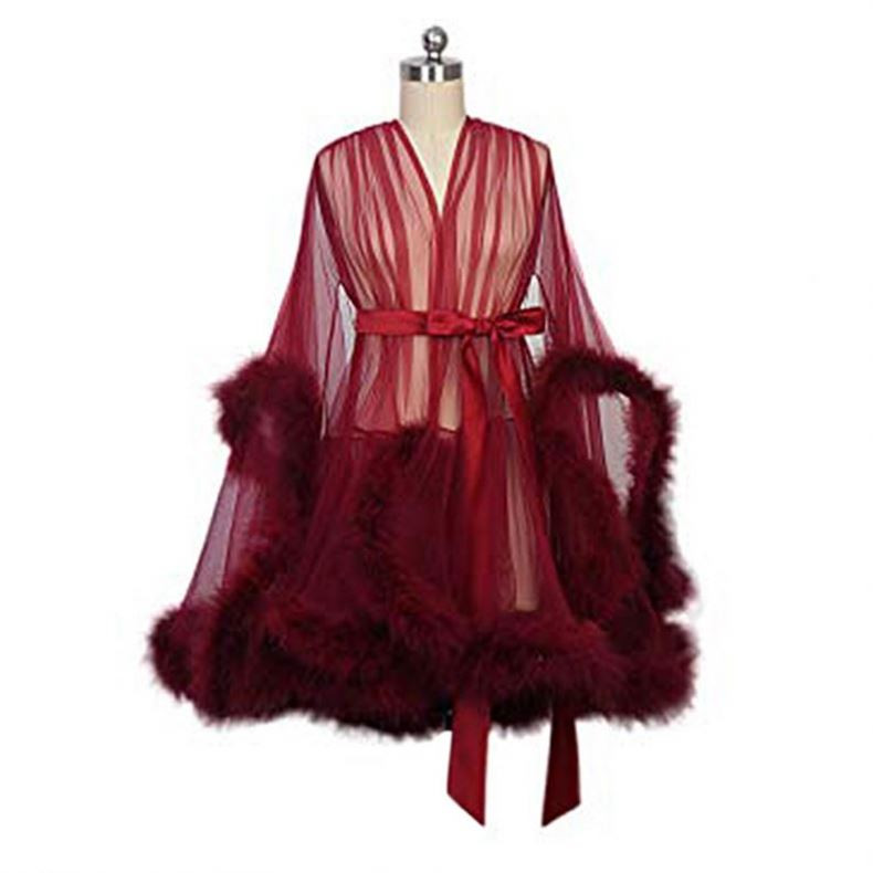 Buy 2021 Customized Wholesale Women Sexy Bathrobe Fur Trim Mesh Robe In ...