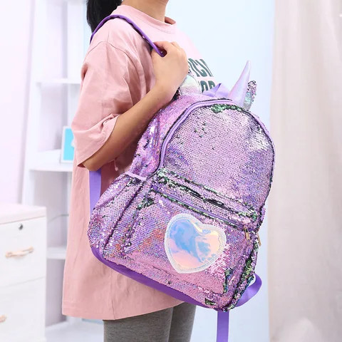 Buy Reversible Sequin Unicorn Purple Girl School Bag Kids Primary ...
