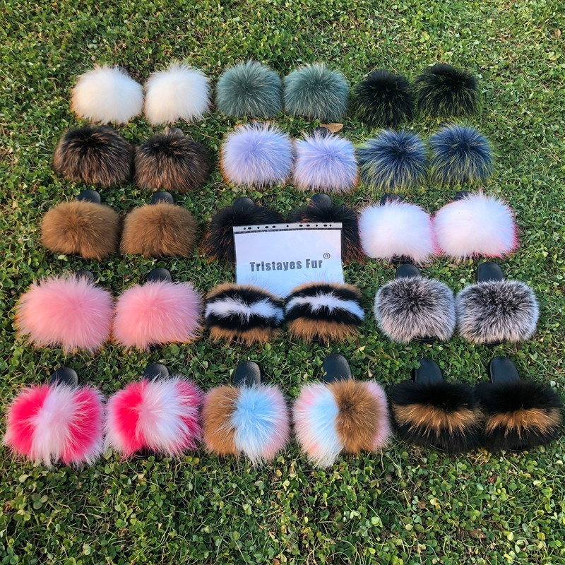 Buy Girls Fashion Luxury Real Fox Fur Slippers Fox Big Fur Slippers For ...