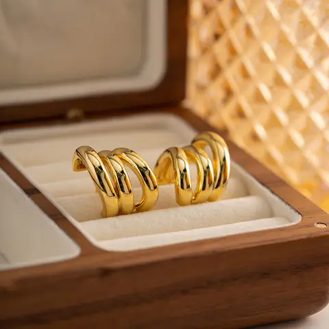 Buy Vintage Three Layers Cc Shaped Hoop Earrings 18k Brass Pvd Gold ...