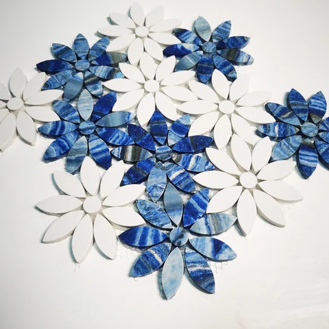 Buy Flora Pattern White And Blue Flower With Marble Stone Mosaic Tile ...