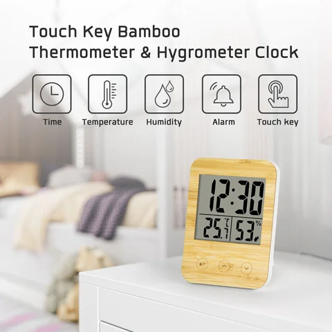Buy Home Bamboo Weather Station Clock With Touch Button Temperature And ...