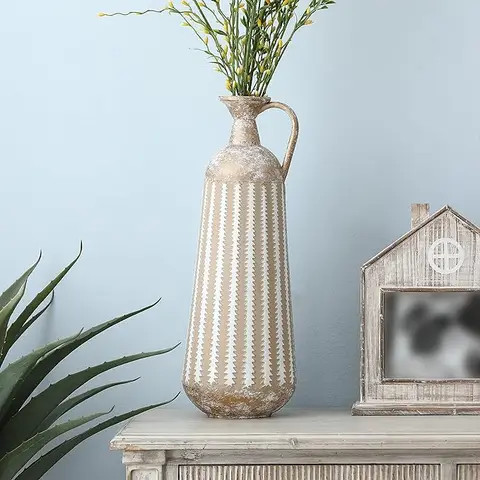 Buy Wholesale Handmade Distressed Tan And White Metal Table Vase Modern ...