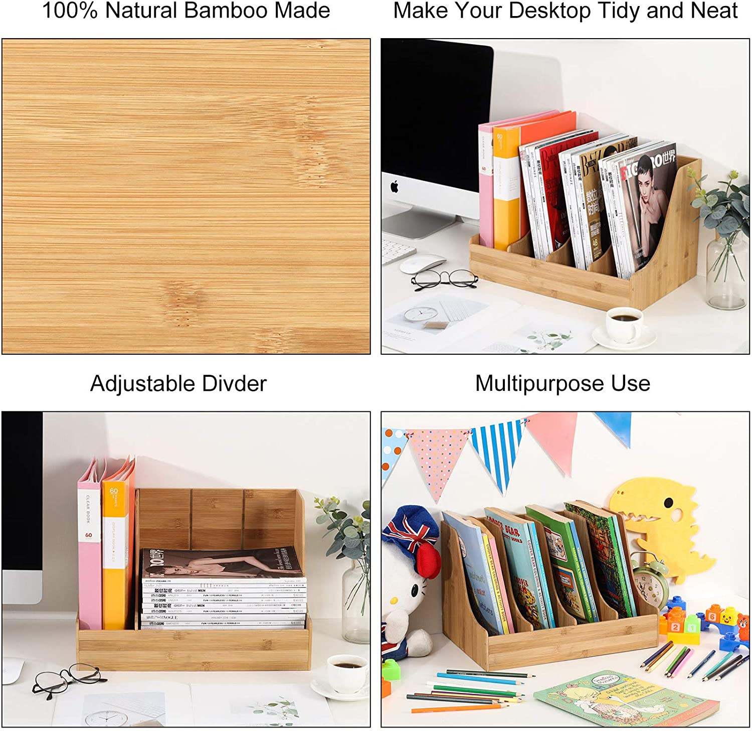 Buy 4 Compartments Bamboo Desktop File Folder Holder Workspace File ...