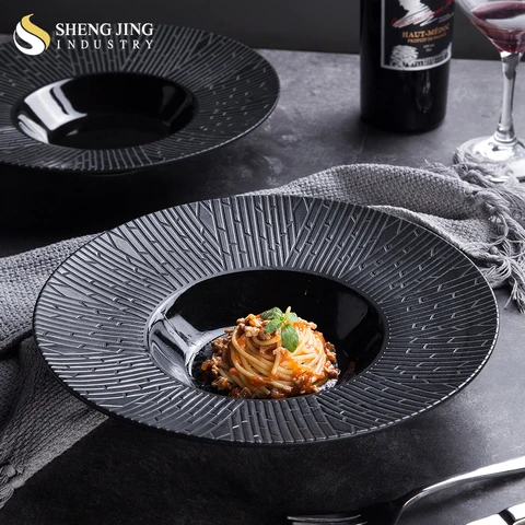 Buy Modern Elegant Ceramic Round Black Matte Embossed Edge Pasta Soup ...