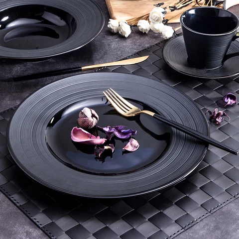 Buy Modern Round Matte Black Striped Texture Porcelain Dinnerware Hotel ...