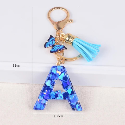 Buy New Blue Butterfly Fringe Heart Letter Key Chain 26 Sequin Letter ...