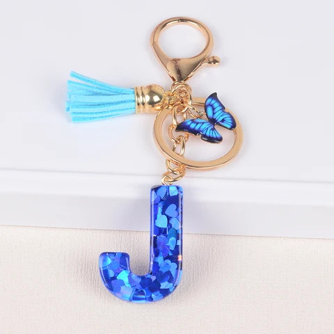 Buy New Blue Butterfly Fringe Heart Letter Key Chain 26 Sequin Letter ...