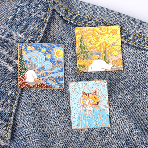 Buy Famous Oil Painting Hard Enamel Pins Custom Cat Artistic Brooch ...