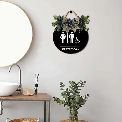 Buy Restroom Rustic Round Wooden Hanging Decor Wreath Guest Restroom ...