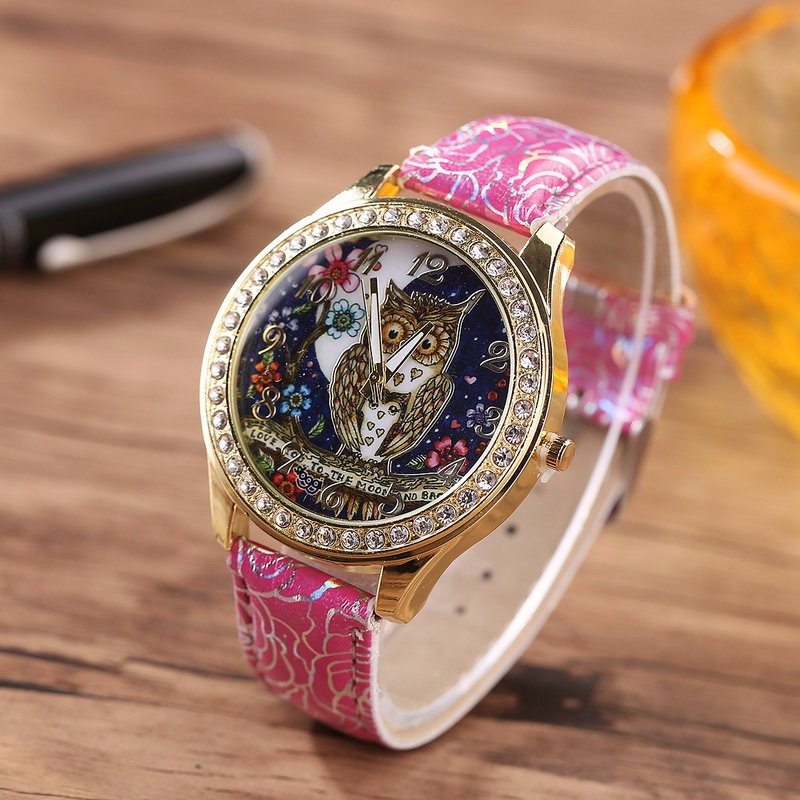 Buy Sloggi Charming Watch Cartoon Owl Moon Quartz Watch Rose Pattern ...