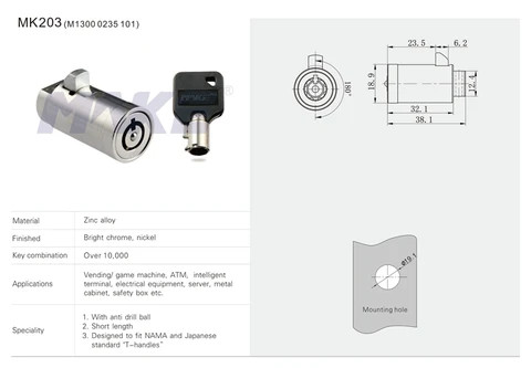 Buy Mk203 T-handle Cylinder Lock For Vending Machine from Xiamen Make ...