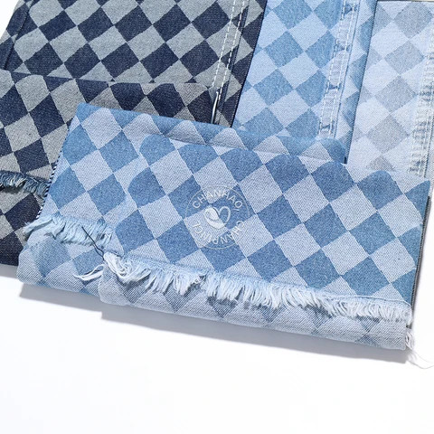 Buy Small Checkerboard Blue 82% Cotton Jacquard Denim Fabric For Jeans ...