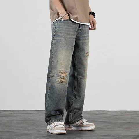 Buy 100% Cotton High Quality Denim Jeans Shredded Hole Loose Jeans ...