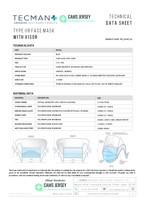 Buy Tecman Type Iir Face Mask With Integrated Visor from CAMS JERSEY ...