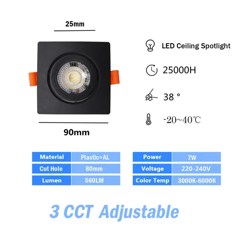 Buy 7w 3-stage Dial With Adjustable Angle Square Black Ceiling ...
