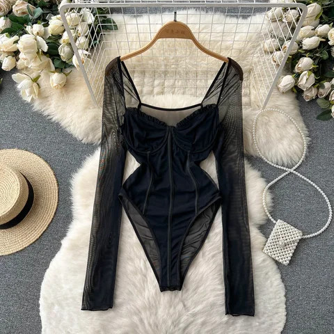 Buy Womens Mesh Long-sleeved Bodysuits Square Collar Tube Top Slim ...