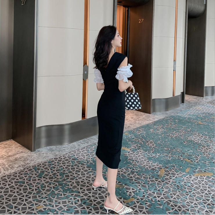 Buy 2021 Korean New Hepburn Style Split Slim Dress Prom Off Shoulder ...