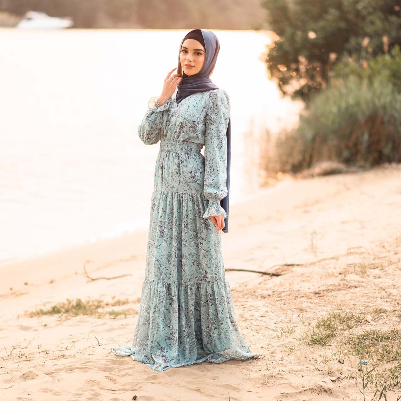 Buy Slanna Dubai Islamic Casual Clothing Floral Printed Ruffle Hem ...