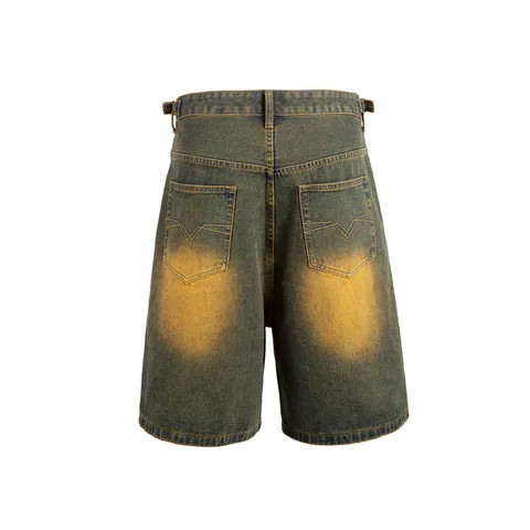 Buy Custom Contrast Color Spray Paint Yellow Mud Dyed Ripped Denim Shorts Mens Trendy Punk ...