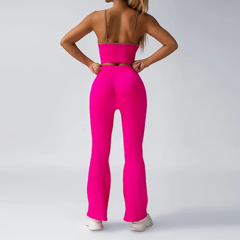 Buy Womens High Waist Flared Pants Gym Sets Seamless Solid Zipper Yoga ...