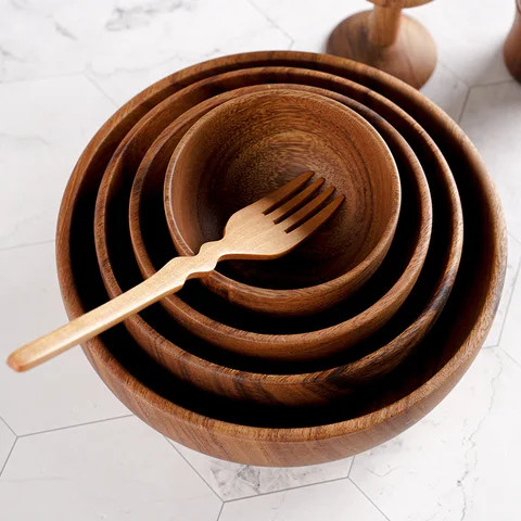 Buy Luxury Polished Round Wooden Salad Bowl Small Size For Serving Food ...