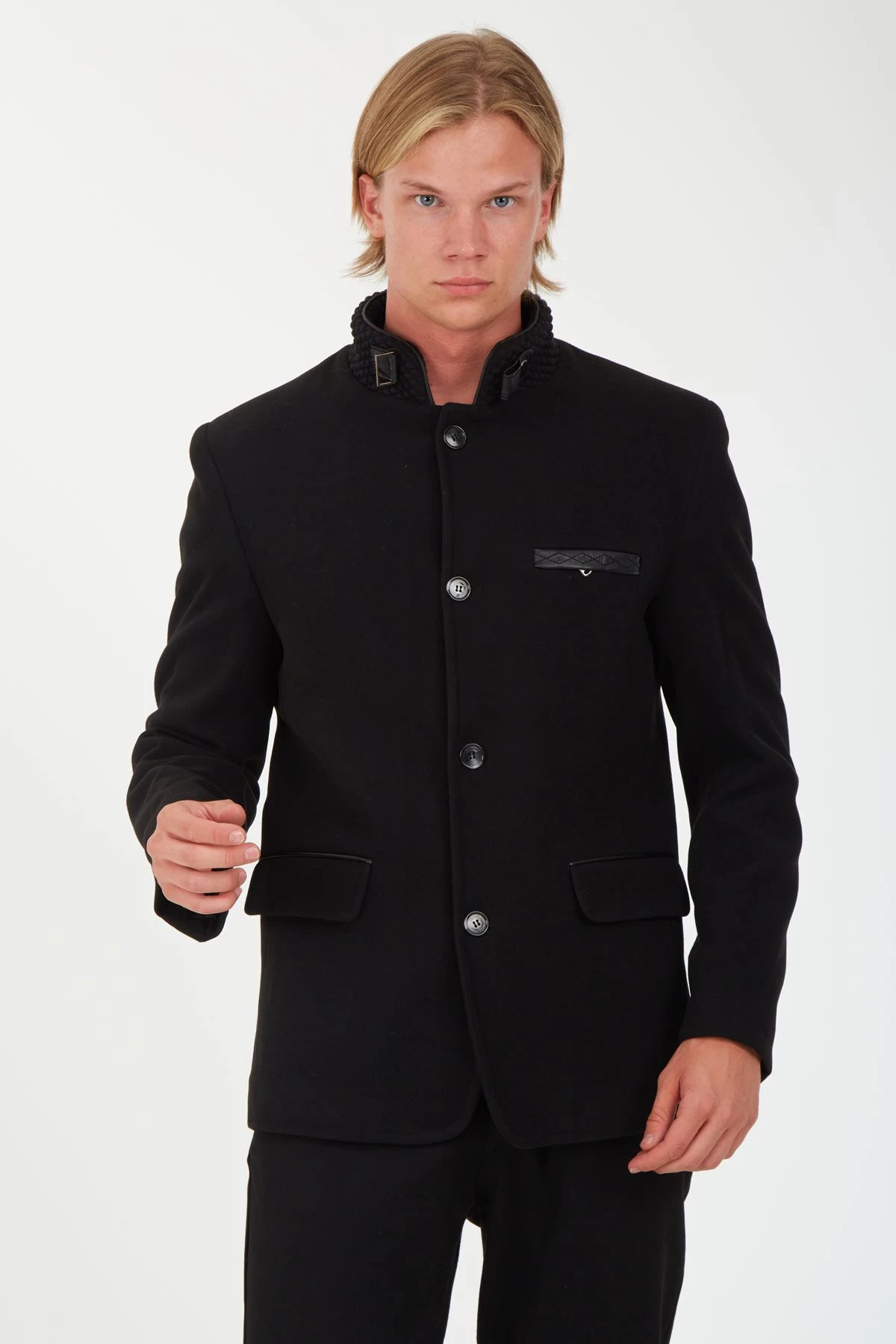 Buy Sposo Men’s Black Dominated Collar Slim Fit Cachet Coat from Sposo ...