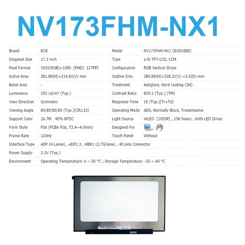 Buy 17.3" Slim 30 Pin Laptop Parts Lcd Screen Fhd 120hz Display Monitor ...
