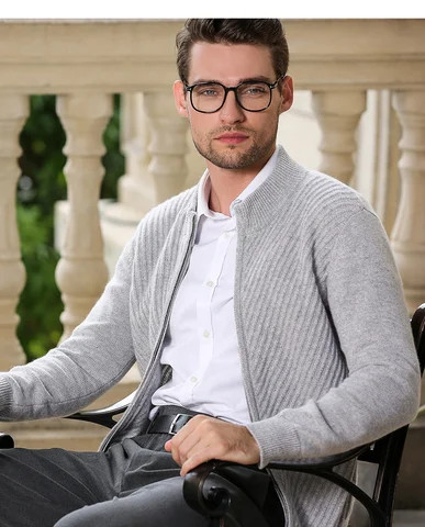 Buy Men Zip Front Mock Neck Cashmere Ribbed Knit Cardigan Sweater from ...