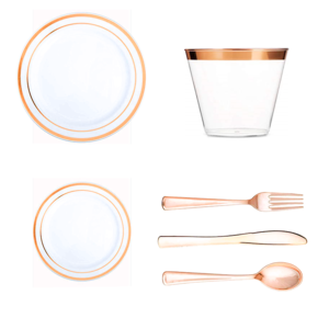 Buy Plates Sets Dinnerware Rose Gold Rim Plastic Dinnerware Set 25each ...
