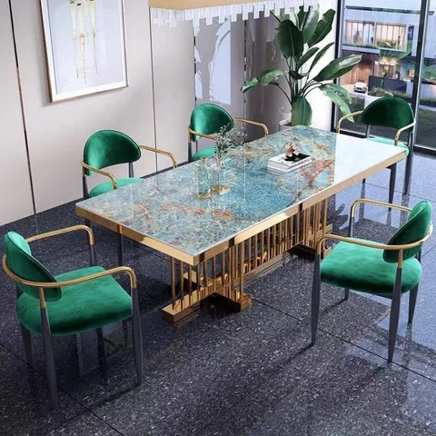 Buy Modern Luxury Rectangle Gold Green Dining Table Set Stainless Steel ...