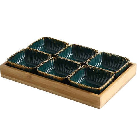 Buy Nordic Dark Green Ceramic Snack Plate Bamboo Wood Fruit Plate ...