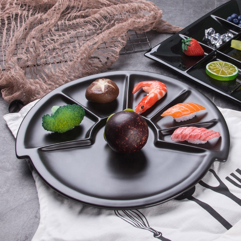 Buy Black Matt Porcelain Plates 6 Sections Divided Dinner Serving Tray ...