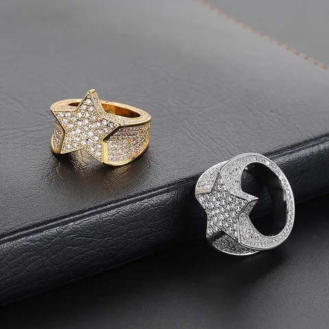 Buy Hip Hop Five Star Ring Men Gold Silver Iced Cubic Zirconia Brass ...